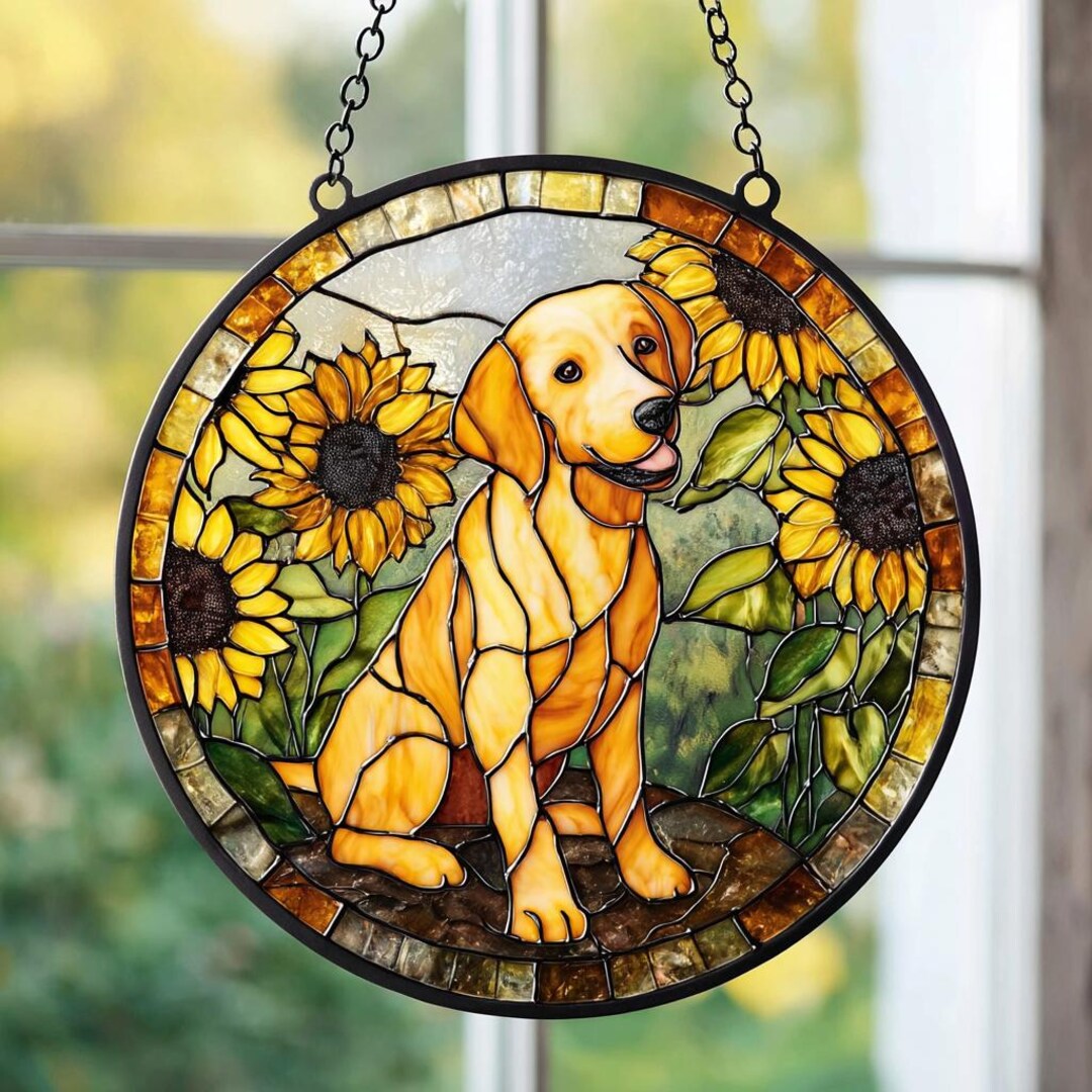 Labrador Stained Glass Suncatcher, Sunflower Dog Window Panel ...