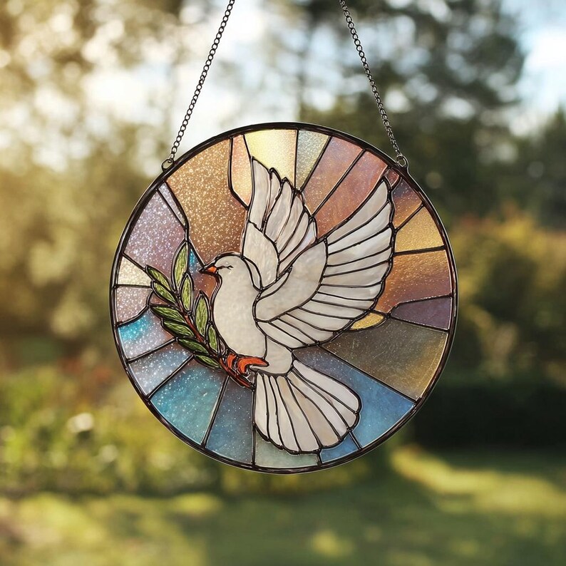 Dove With Olive Branch, Stained Glass Suncatcher, Peace Symbol Window ...