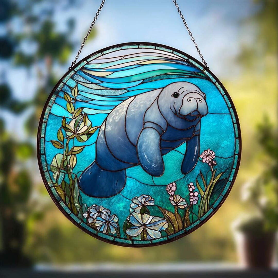 Manatee Stained Glass Suncatcher, Floral Ocean Decor, Sea Animal Window ...