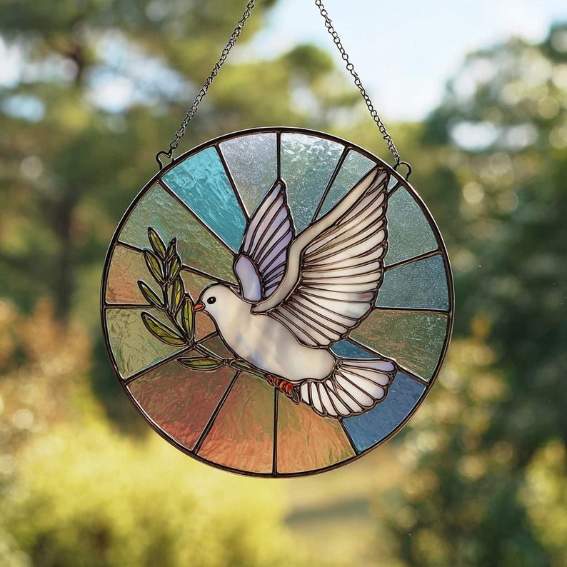 Dove With Olive Branch, Stained Glass Suncatcher, Peace Symbol Window ...