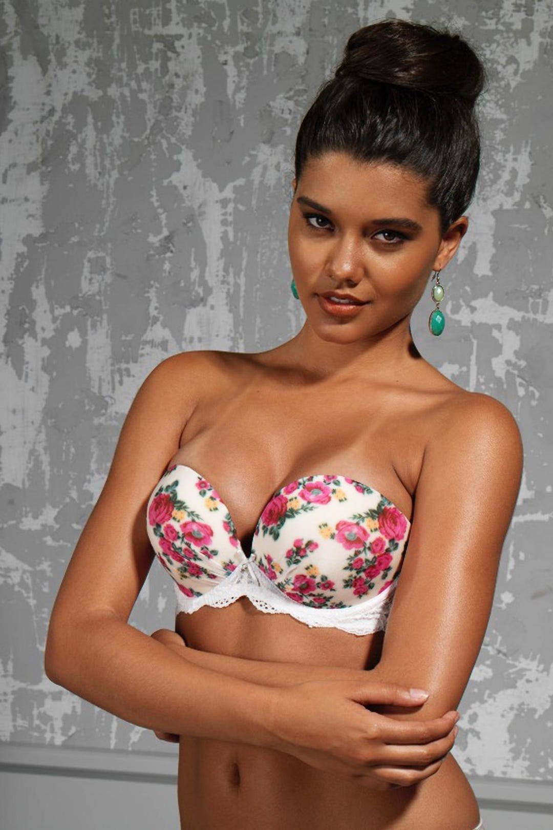 French Lace Bra ; Floral Printed Push-up Bra, Deep V Plunge Cleavage ...