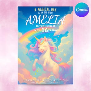 Pastel Unicorn Birthday Invitation: Editable Canva Template (digital ...