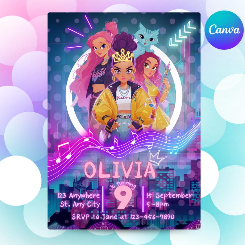 Kpop Demon Hunters Birthday Invitation - Editable Canva Template ...