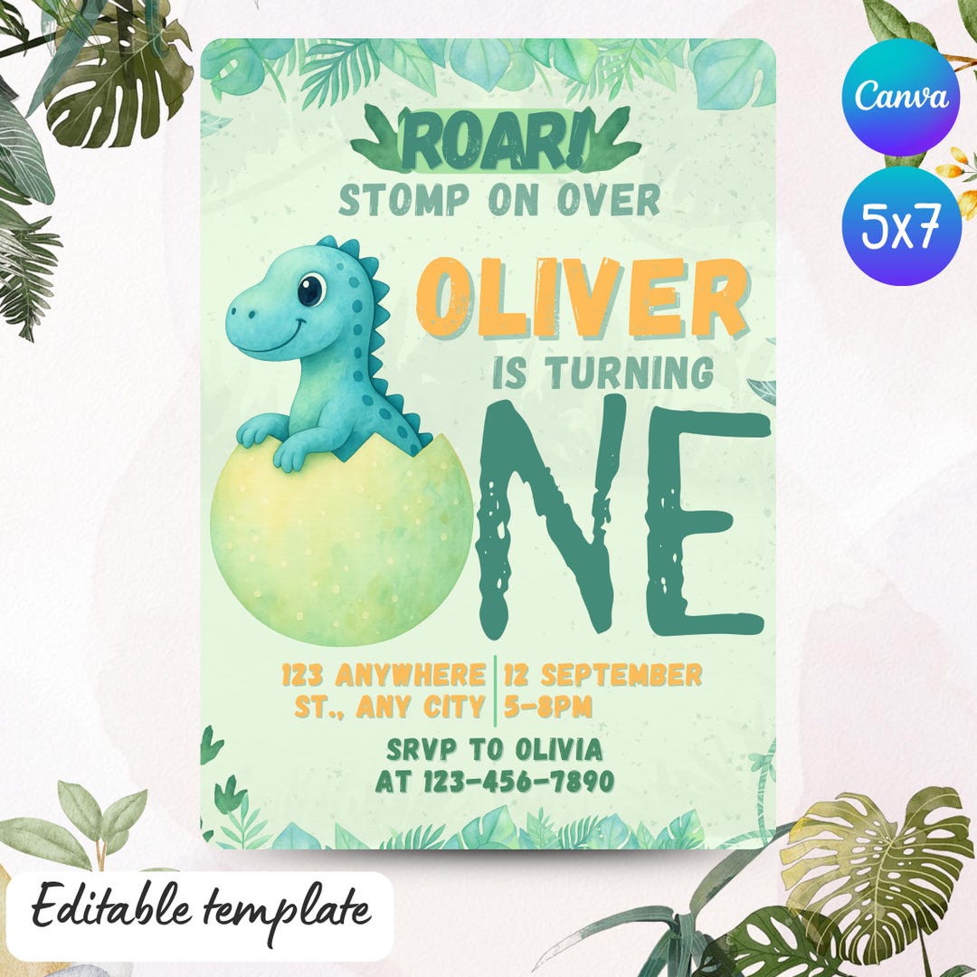 Dinosaur 1st Birthday Invitation Template: Editable Dino Party (canva ...