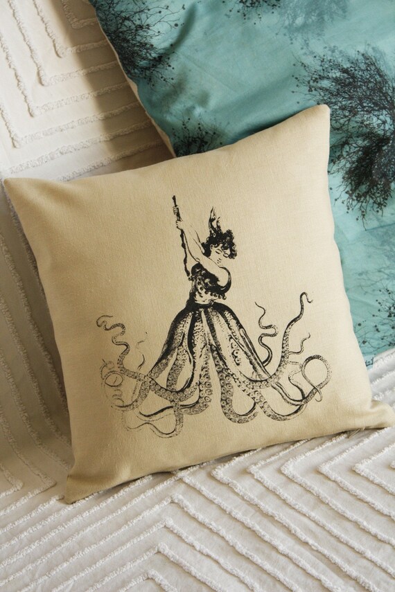 Items similar to Octopus Woman silk screened pillow- Sand on Etsy