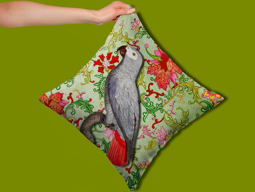 Grey Parrot With Chinese Floral Pattern Cushion. Vintage - Etsy
