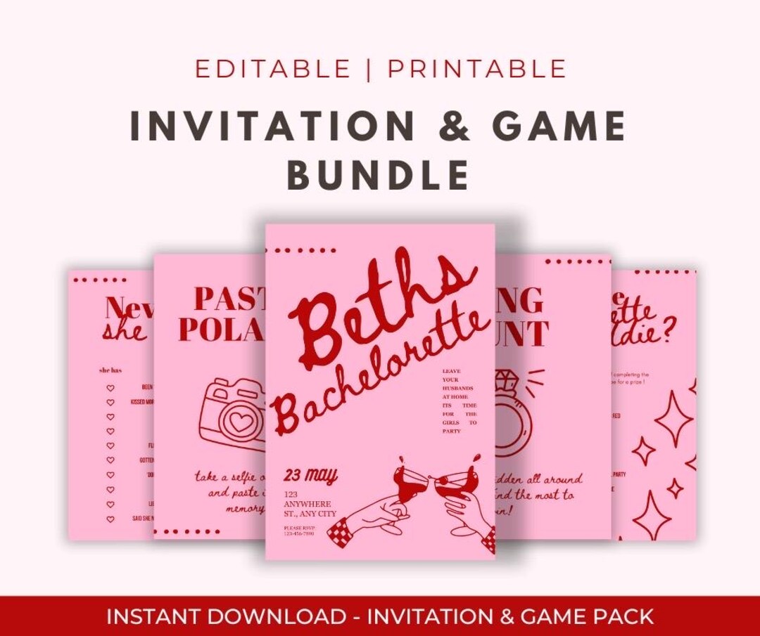 Editable Bachelorette Party Game Bundle | Invitation | Pink and Red ...
