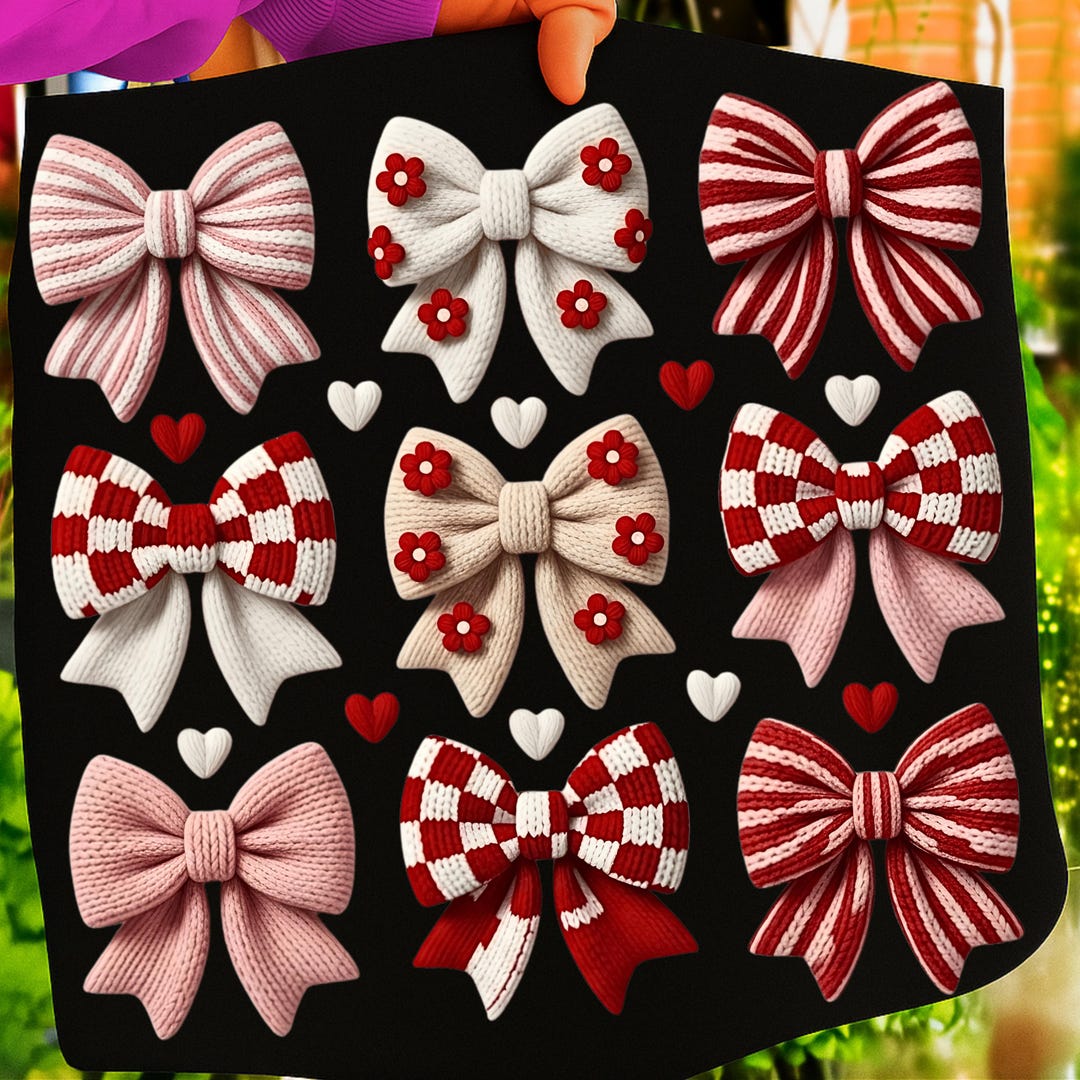Coquette Valentine Bow PNG, Faux Latch Hook Yarn Crochet Bows, Girly ...