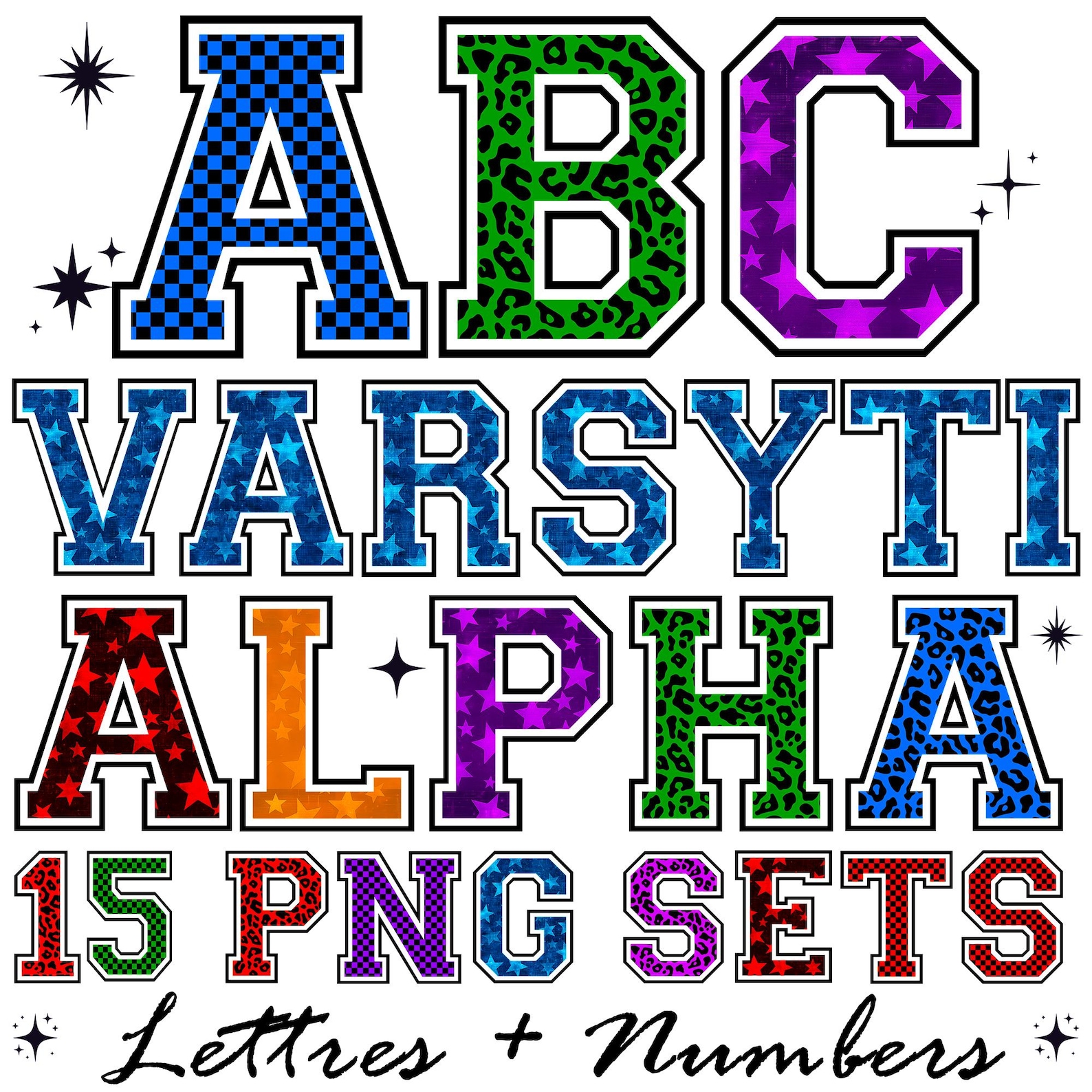 Varsity Letter PNG Bundle: Checkered Font, Team Colors (digital ...