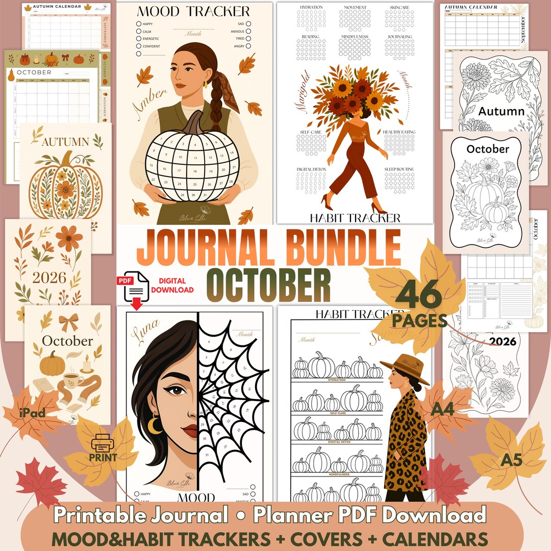 October Printable Journal Bundle: Mood & Habit Tracker (PDF Download A4 ...