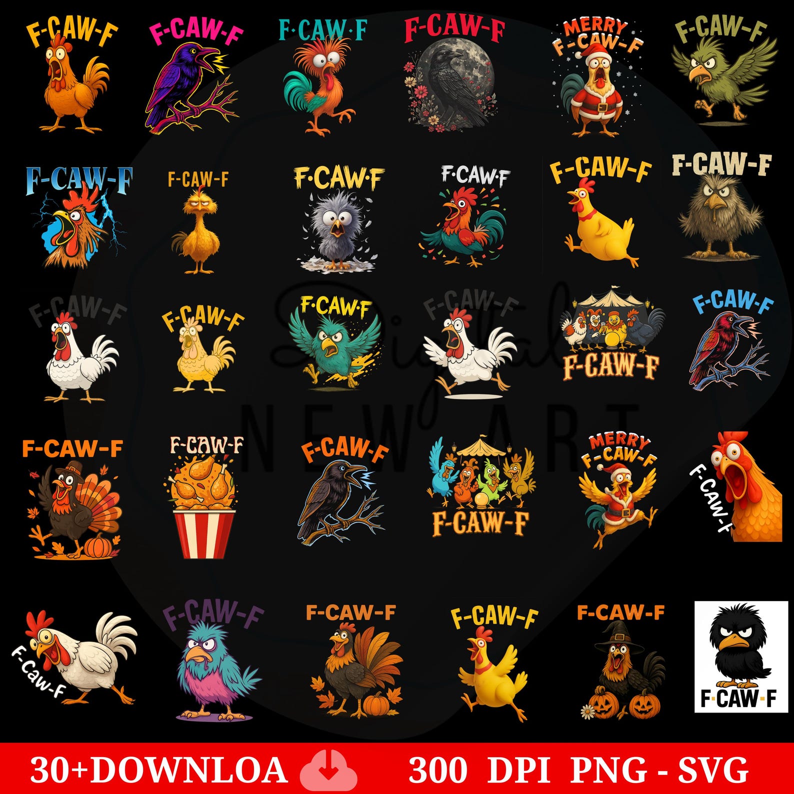 30 F-caw-f Chicken PNG SVG Bundle, Funny Rooster Cartoon, Rooster ...