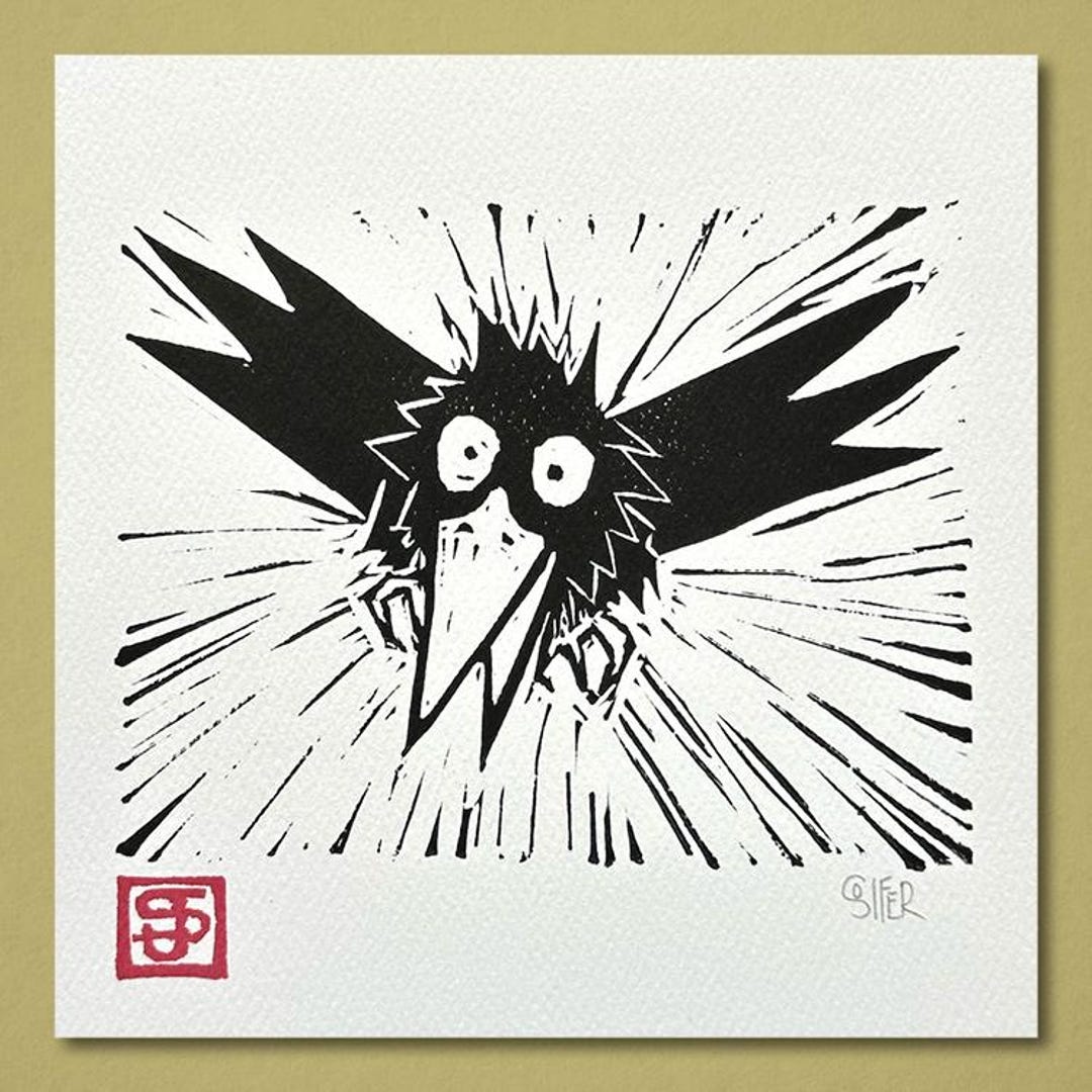 Block Print: Crow in the Window - Etsy