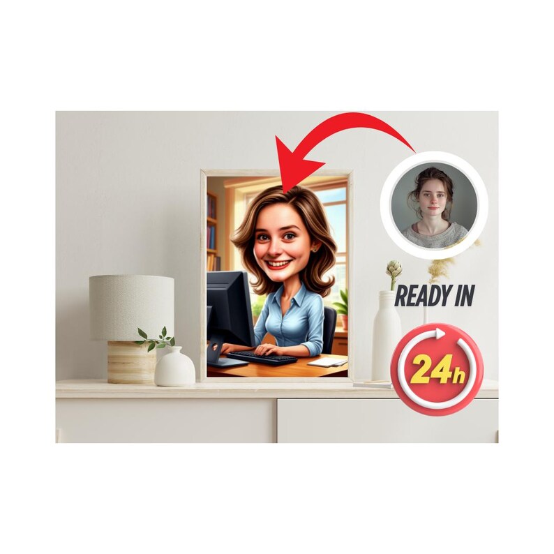 Funny IT Girl Caricature Custom Woman at Desktop Computer Portrait ...