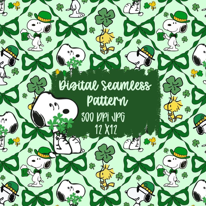 Snoopy St Patrick's Day Seamless Pattern, Clover Bow Fabric (digital ...