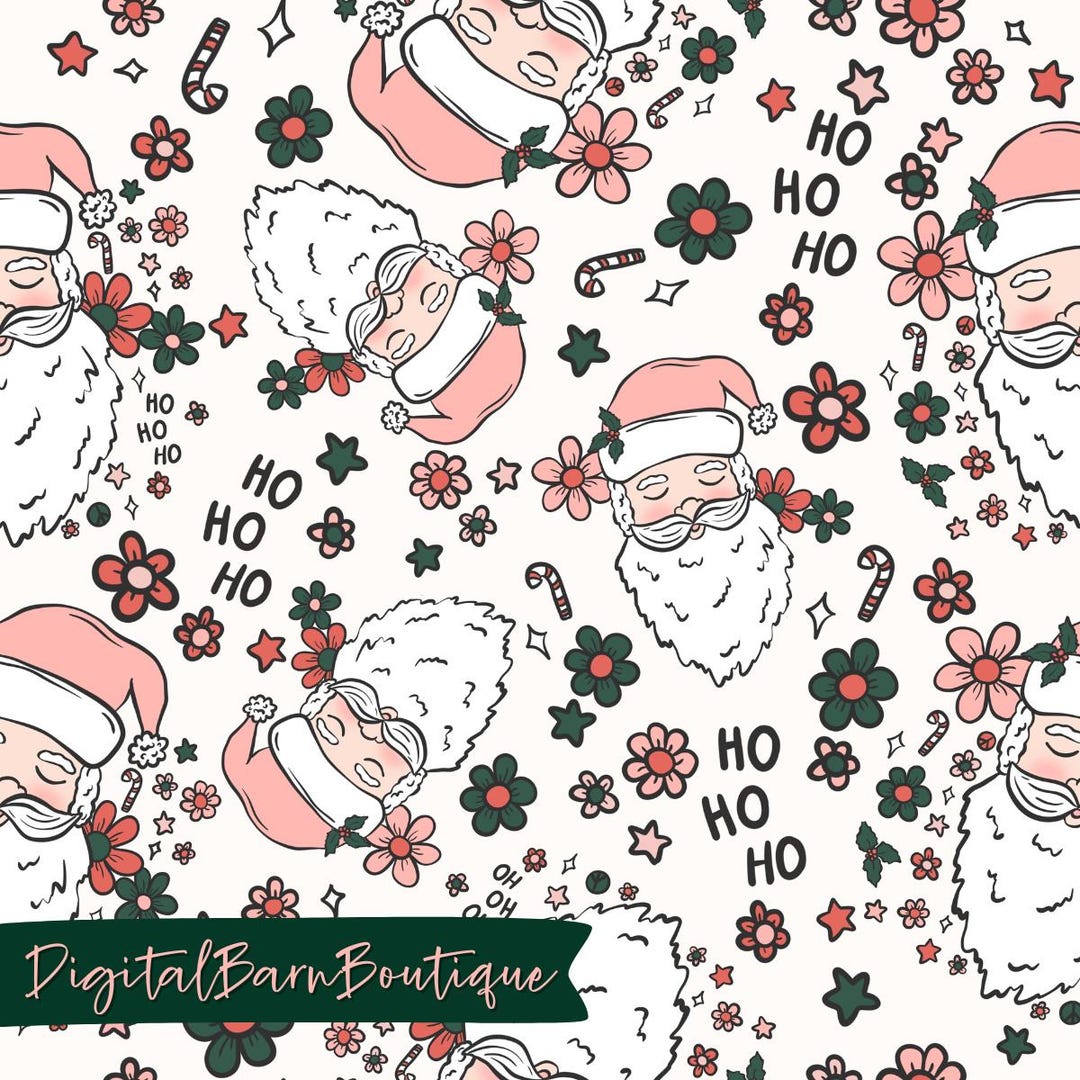 Retro Santa Floral Christmas Digital Paper: Seamless Pastel Pattern ...