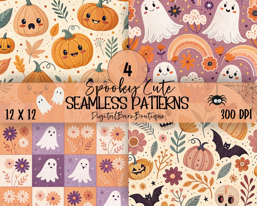 Spooky Cute Halloween Seamless Pattern Bundle – Ghosts, Pumpkins, Bats ...