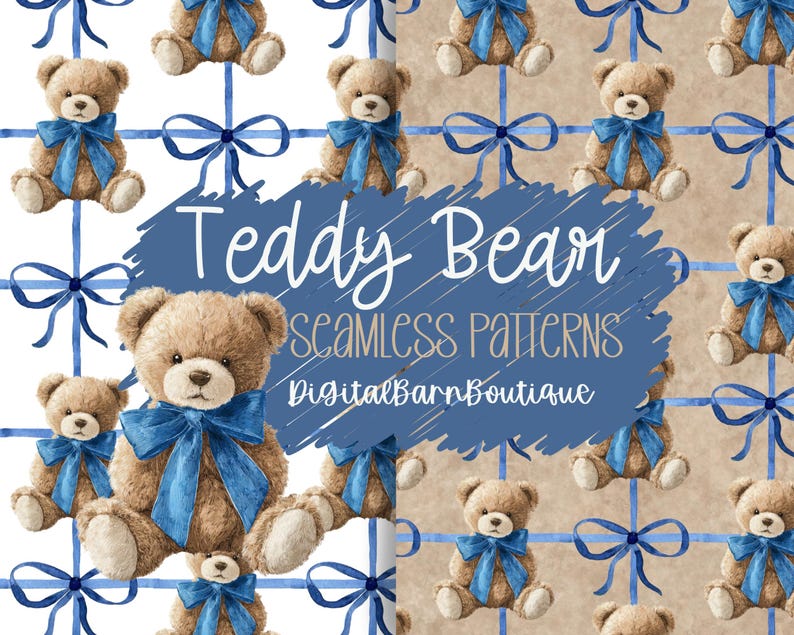 Teddy Bear Seamless Pattern Set, Blue Bow Baby Boy Pattern, Nursery ...