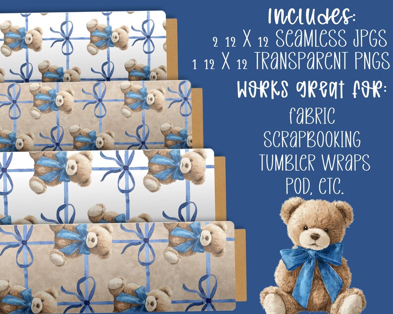 Teddy Bear Seamless Pattern Set, Blue Bow Baby Boy Pattern, Nursery ...
