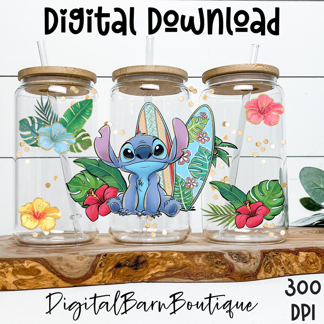 Stitch Tropical Cup Wrap | Surfboard & Hibiscus PNG (digital Download ...