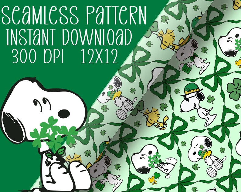 Snoopy St Patrick's Day Seamless Pattern, Clover Bow Fabric (digital ...