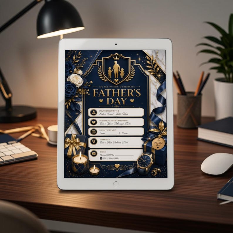 Father's Day Invitation Template, Navy Blue Gold Family Flyer (digital ...
