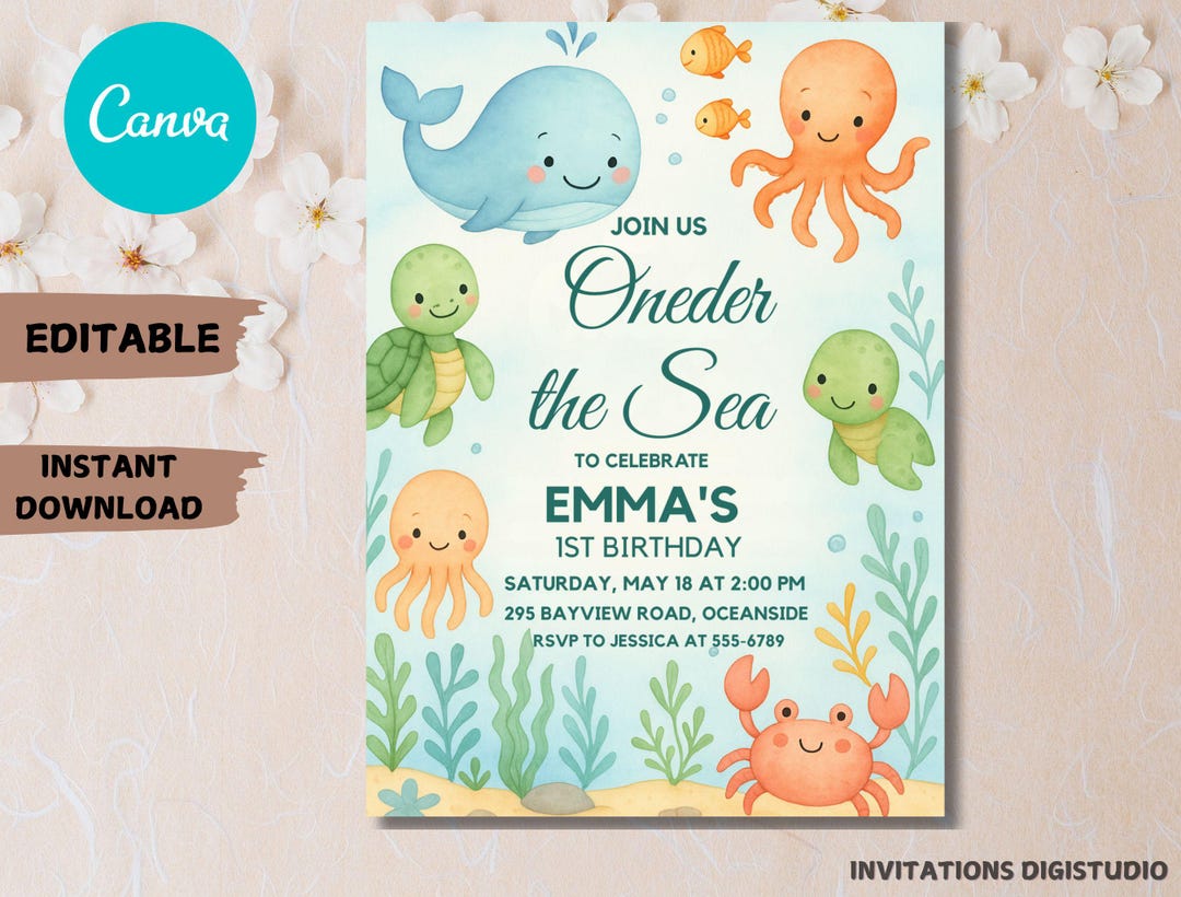 Oneder the Sea Birthday Invitation: Watercolor Ocean Animals (digital ...
