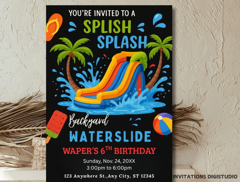 Editable Waterslide Birthday Invitation - Summer Pool Party - Splash ...