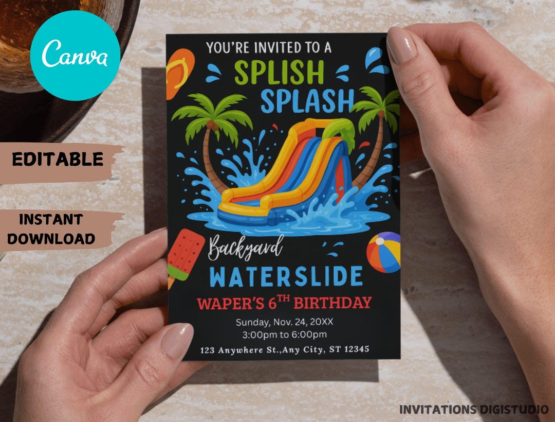 Editable Waterslide Birthday Invitation - Summer Pool Party - Splash ...