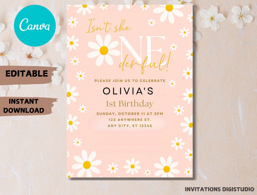 Daisy First Birthday Invitation Template: Onederful Floral Design (PDF ...