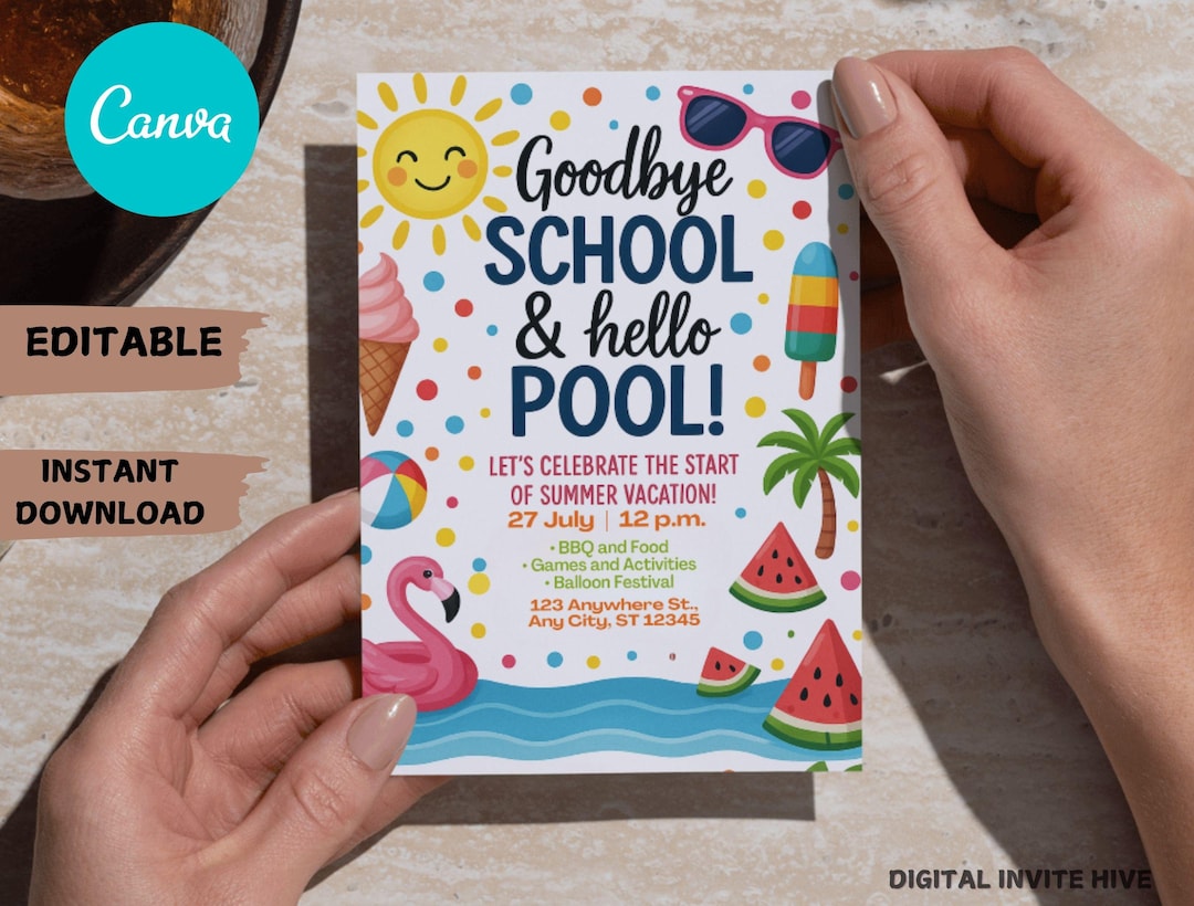 Goodbye School Hello Pool Party Invitation Template (PDF Download) - Etsy