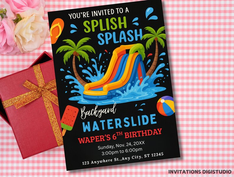 Editable Waterslide Birthday Invitation - Summer Pool Party - Splash ...