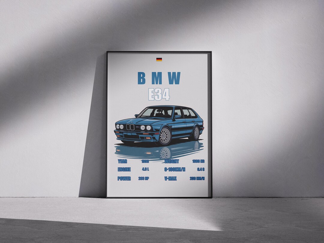 BMW E34 Touring Blue Digital Poster, Classic Wagon Car Wall Art, 5 ...