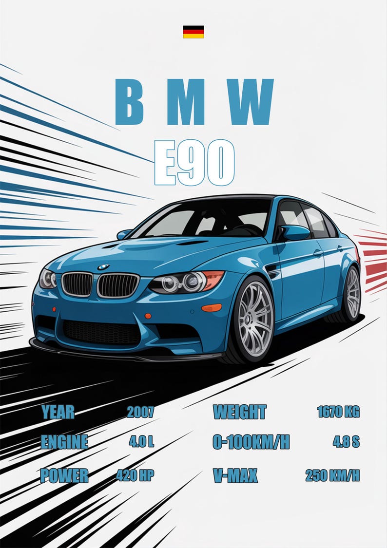 BMW M3 E90 Blue Digital Poster, Sports Sedan Car Wall Art, M Power ...