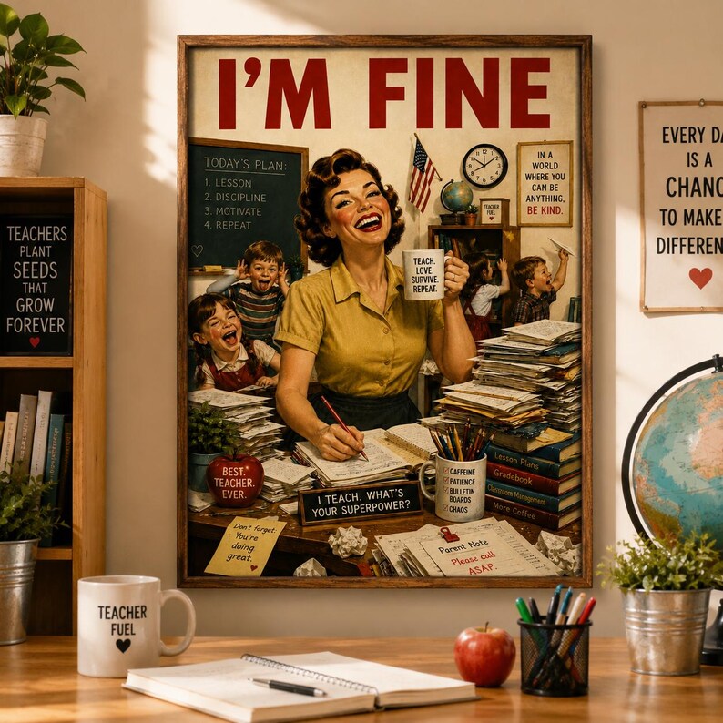 Retro Teacher Poster,funny I'm Fine Classroom Wall Art (digital ...