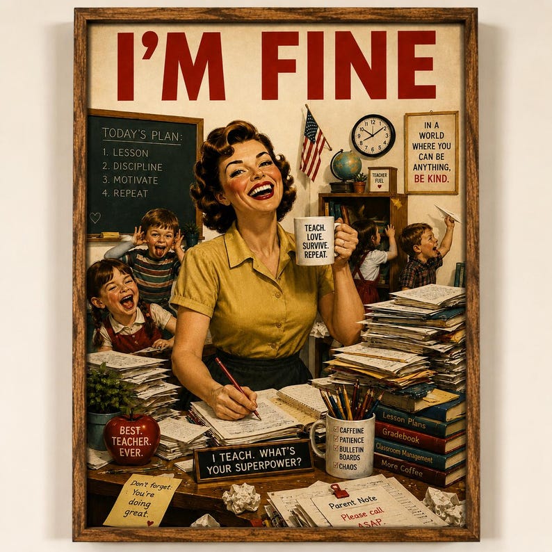 Retro Teacher Poster,funny I'm Fine Classroom Wall Art (digital ...