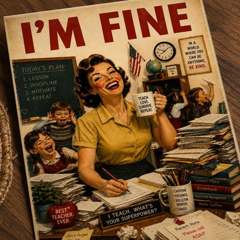 Retro Teacher Poster,funny I'm Fine Classroom Wall Art (digital ...
