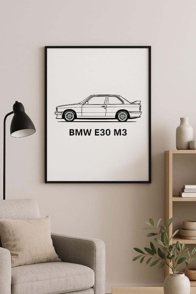 BMW E30 M3 Printable Poster – Classic Car Wall Art – Minimalist Line Drawing – Black and White ...