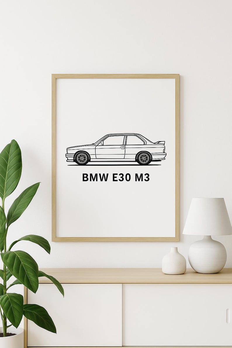 BMW E30 M3 Printable Poster – Classic Car Wall Art – Minimalist Line Drawing – Black and White ...