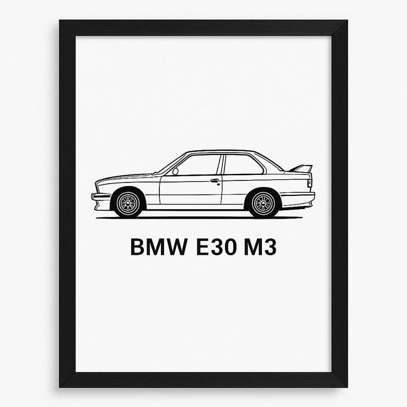 BMW E30 M3 Printable Poster – Classic Car Wall Art – Minimalist Line Drawing – Black and White ...
