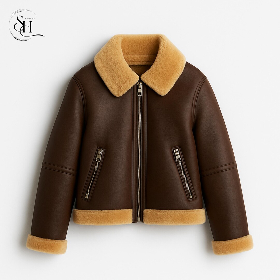 Handcrafted Shearling Aviator Jacket-womens Brown Sheepskin Shearling ...