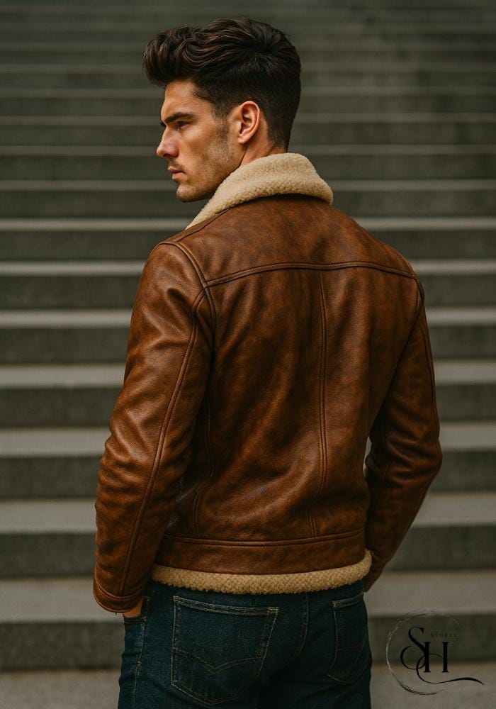 Men's Brown Leather Aviator Jacket - Handmade Lambskin Fur Lined Winter ...