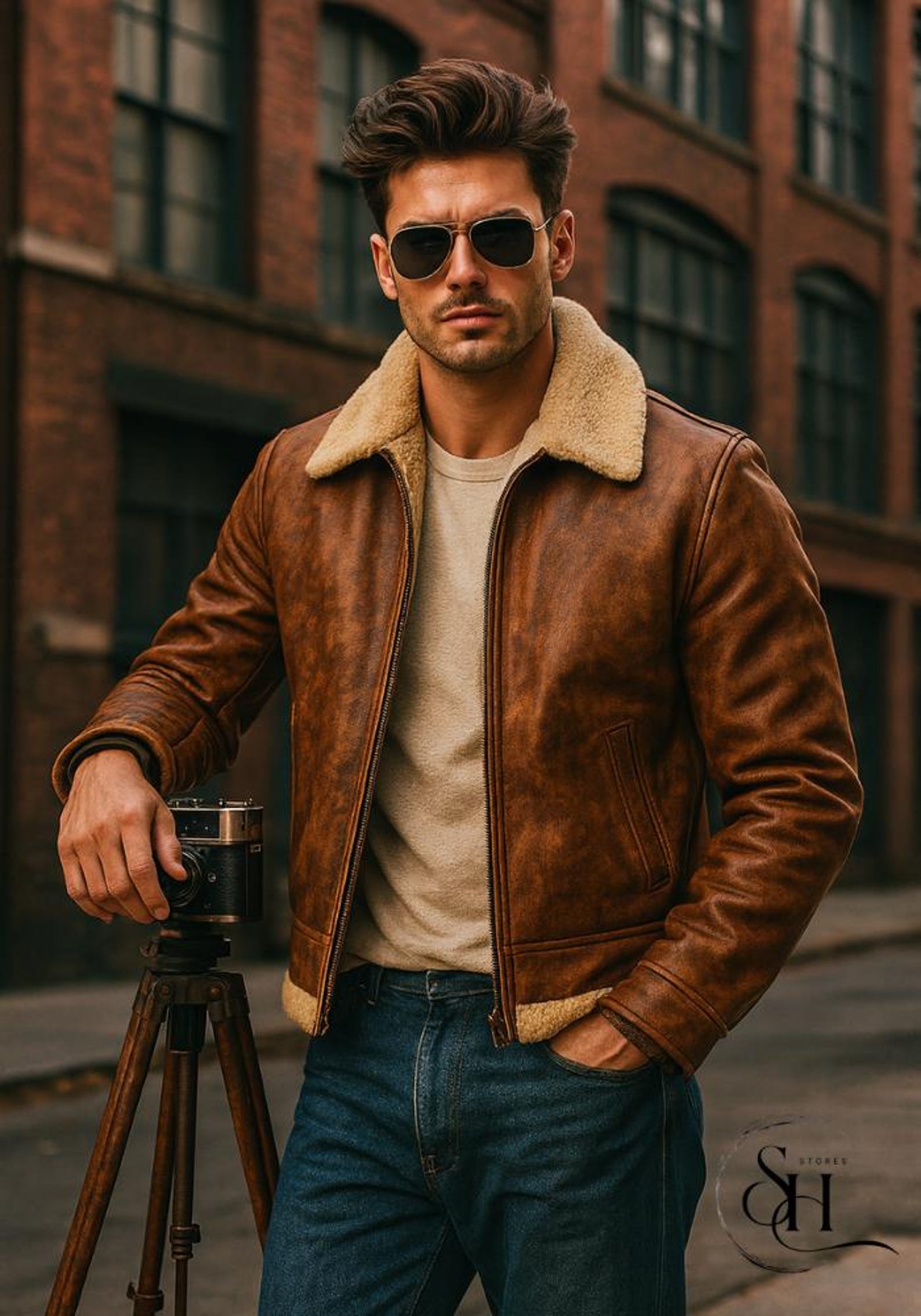 Men's Brown Leather Aviator Jacket - Handmade Lambskin Fur Lined Winter ...
