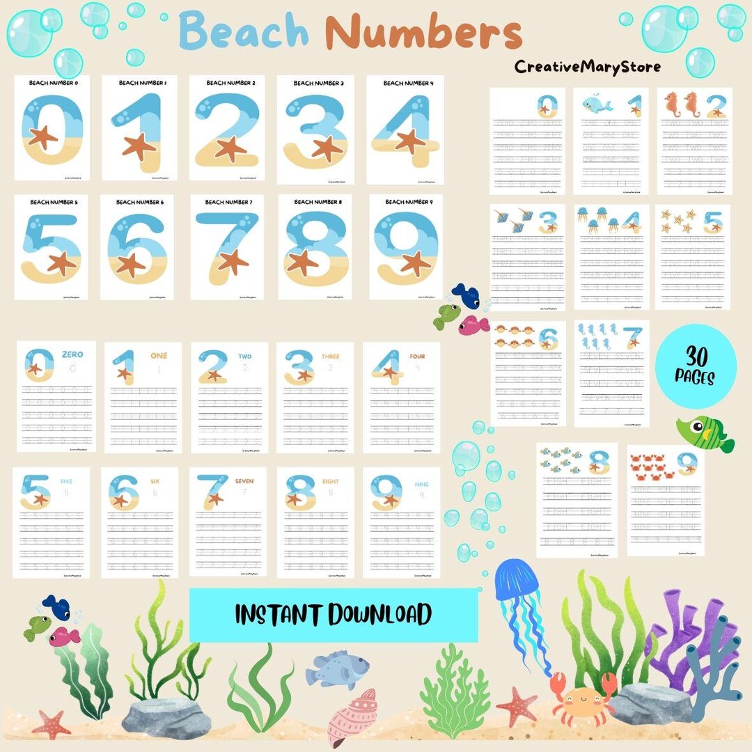 Beach Numbers 0-9 | Under the Sea Printable Math | Ocean Theme Tracing ...