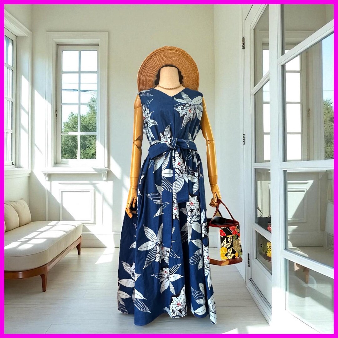 Japanese Remake Dress | Blue Yukata Fabric With White Hibiscus Pattern ...