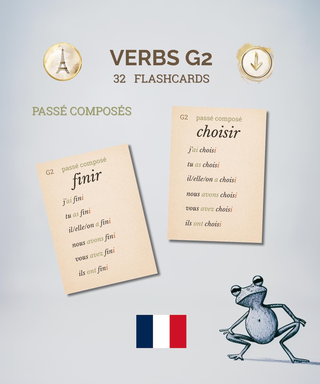 French Verb Conjugation Flashcards • Passé Composé • VERBS G2 • Digital ...