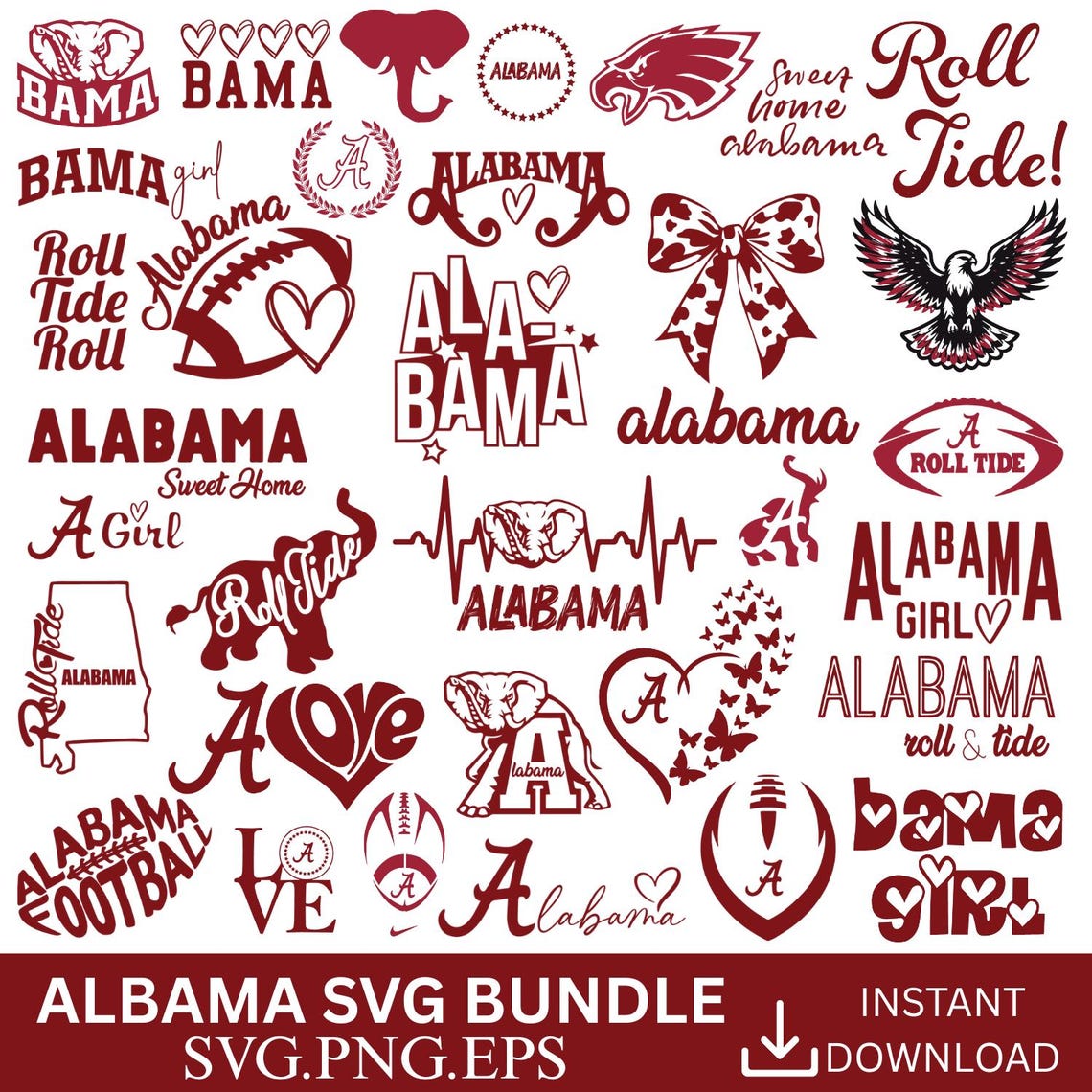 Alabama SVG Bundle: Crimson Football, State Outline, Love Designs - Etsy