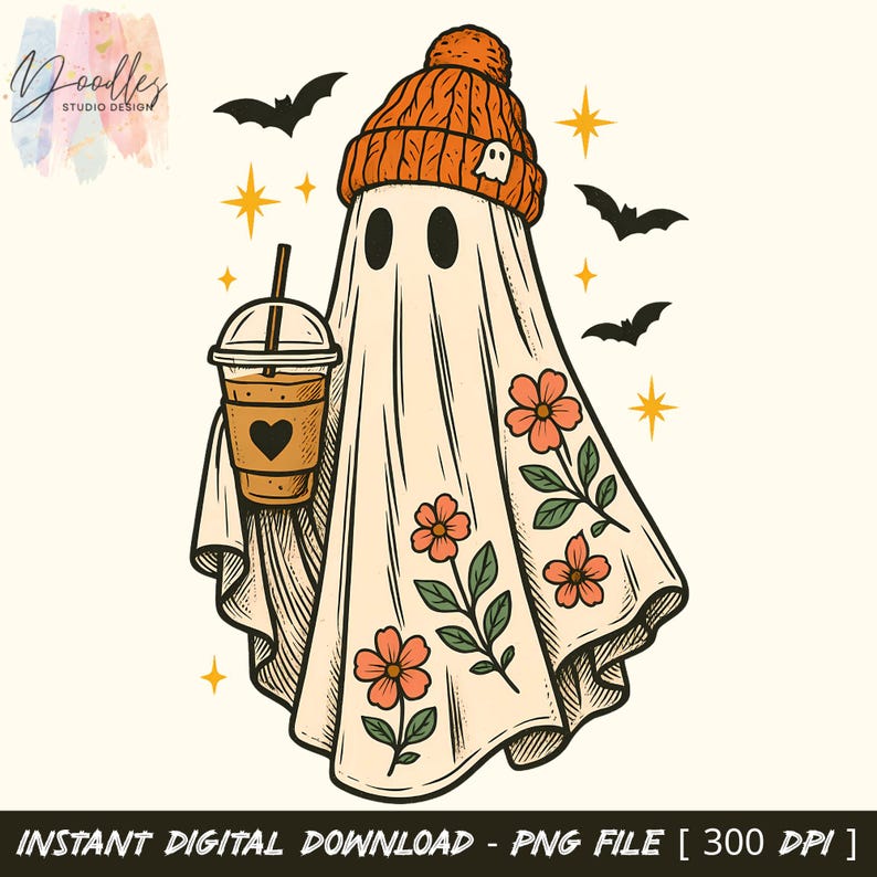 Boho Halloween Ghost PNG: Iced Coffee & Floral Design (digital Download ...