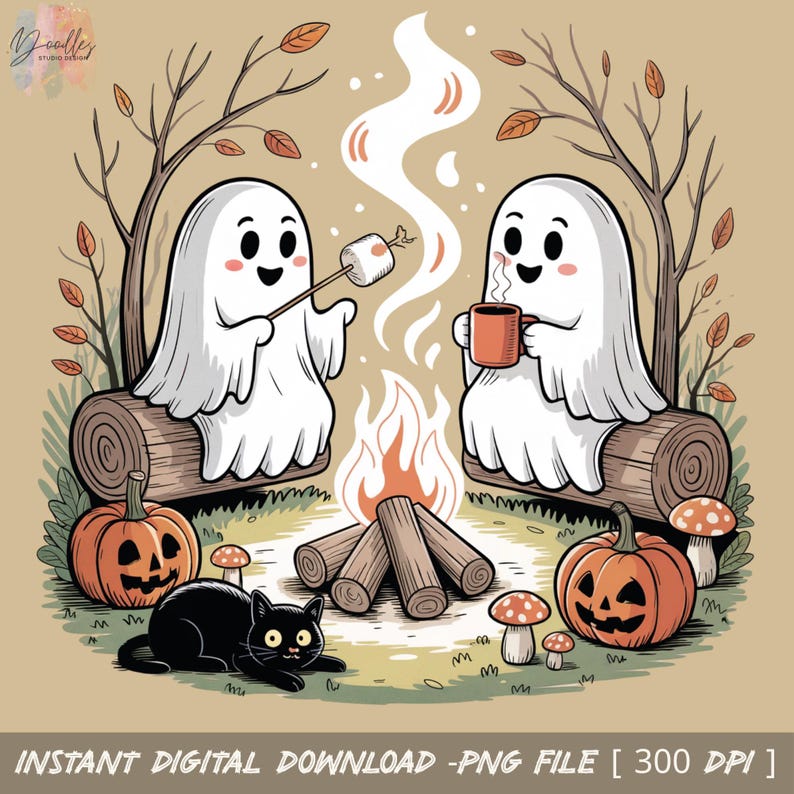 Cozy Ghost Campfire PNG Clipart: Halloween Scene With Pumpkins & Black ...