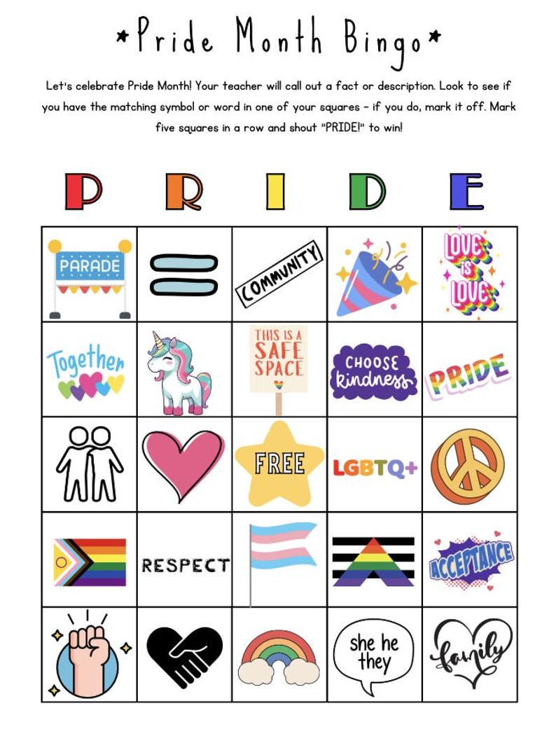 Pride Month Bingo Game for Kids/classroom - Etsy