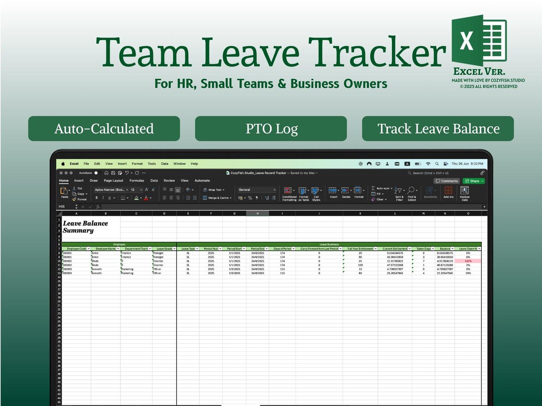 Team Leave Tracker Excel Template: Auto-calculate PTO (digital Download ...